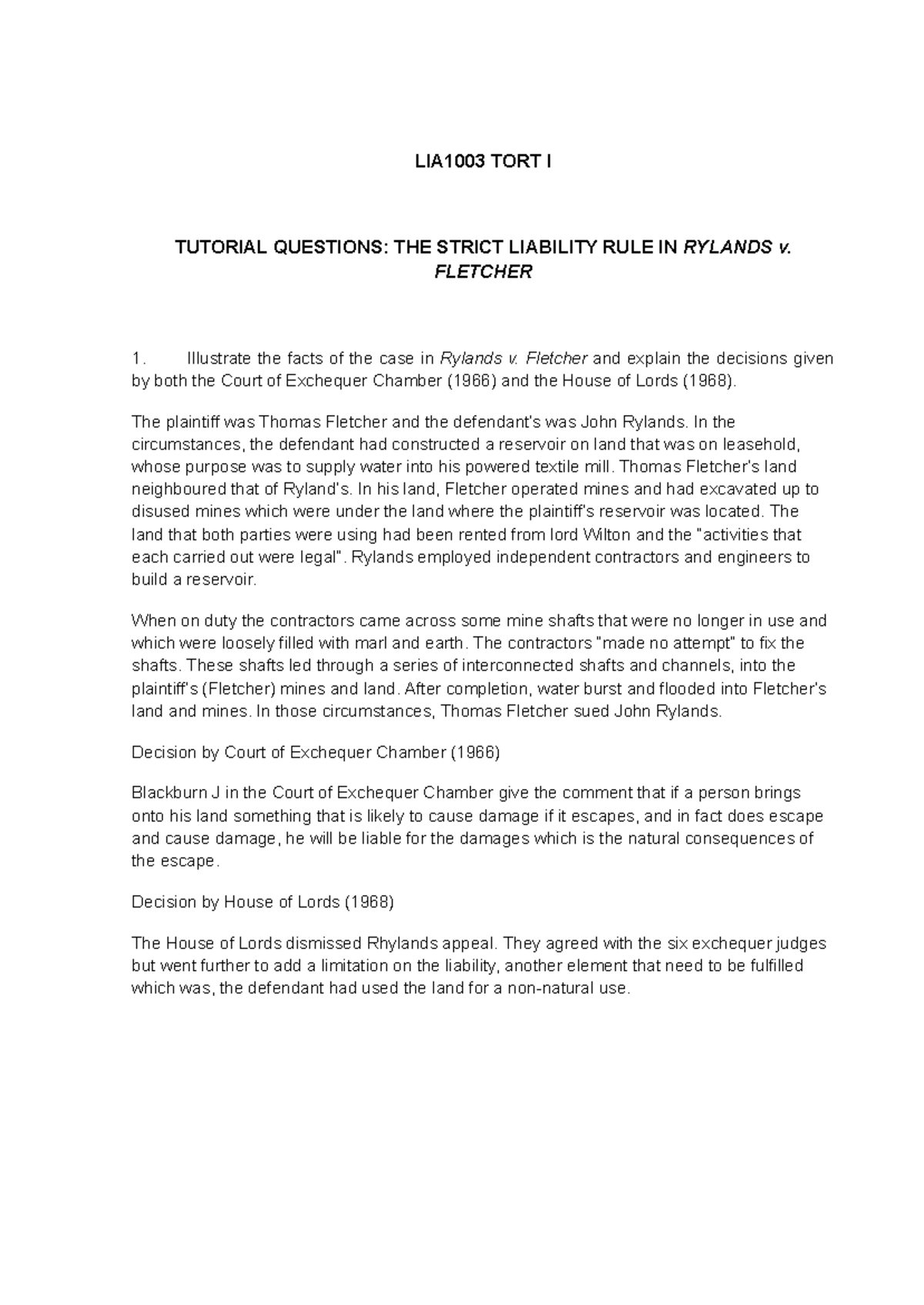 Tuto 6 LIA1003 TORT I - goodluck - LIA1003 TORT I TUTORIAL QUESTIONS: THE STRICT LIABILITY RULE ...