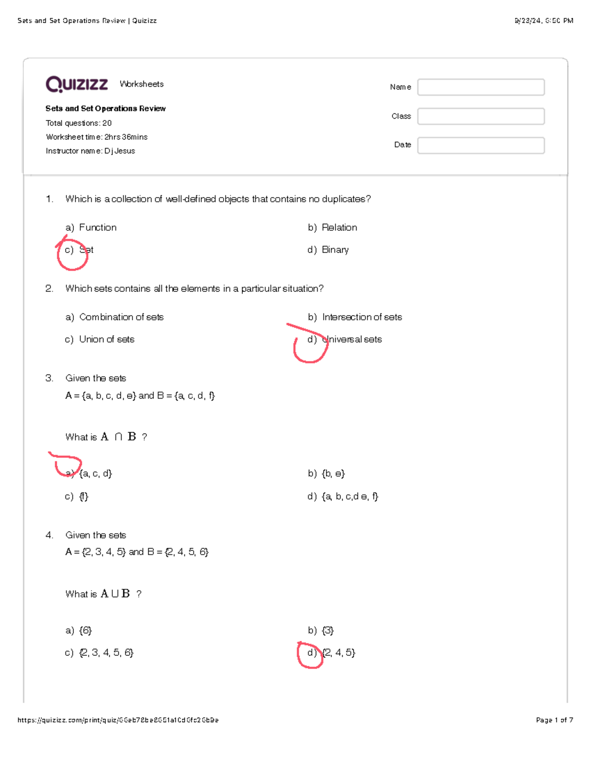 Sets and Set Operations Review Quizizz - Worksheets Sets and Set ...