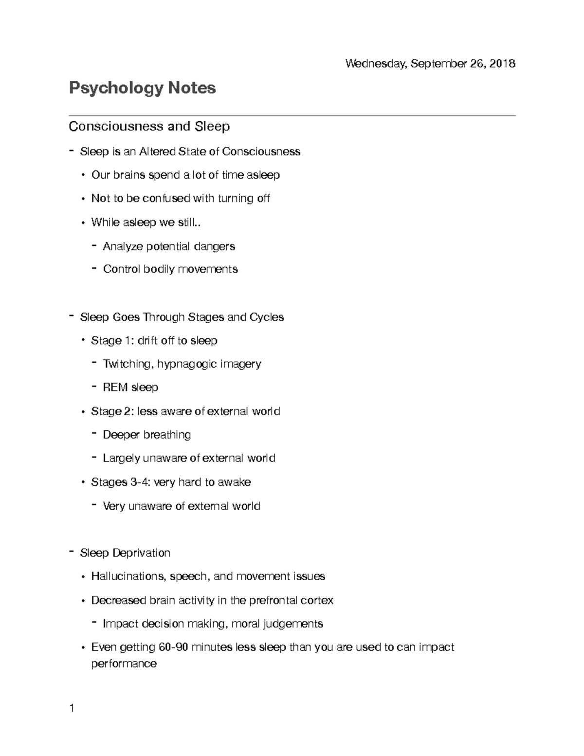 Psychology Notes- Consciousness & Sleep - Wednesday, September 26, 2018 ...