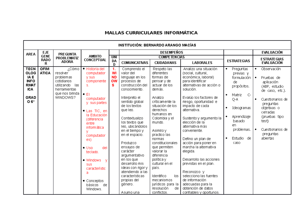 Malla y Microcurrículo Informática 6 y 7 - Informatica - UNAL - Studocu
