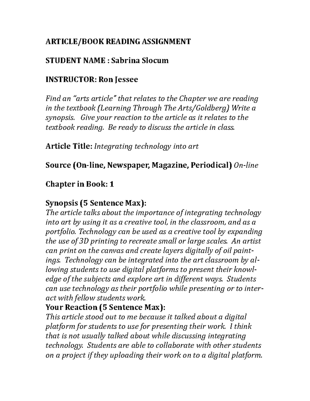 Article TEXT BOOK Assignment (3) - READING ASSIGNMENT STUDENT NAME ...