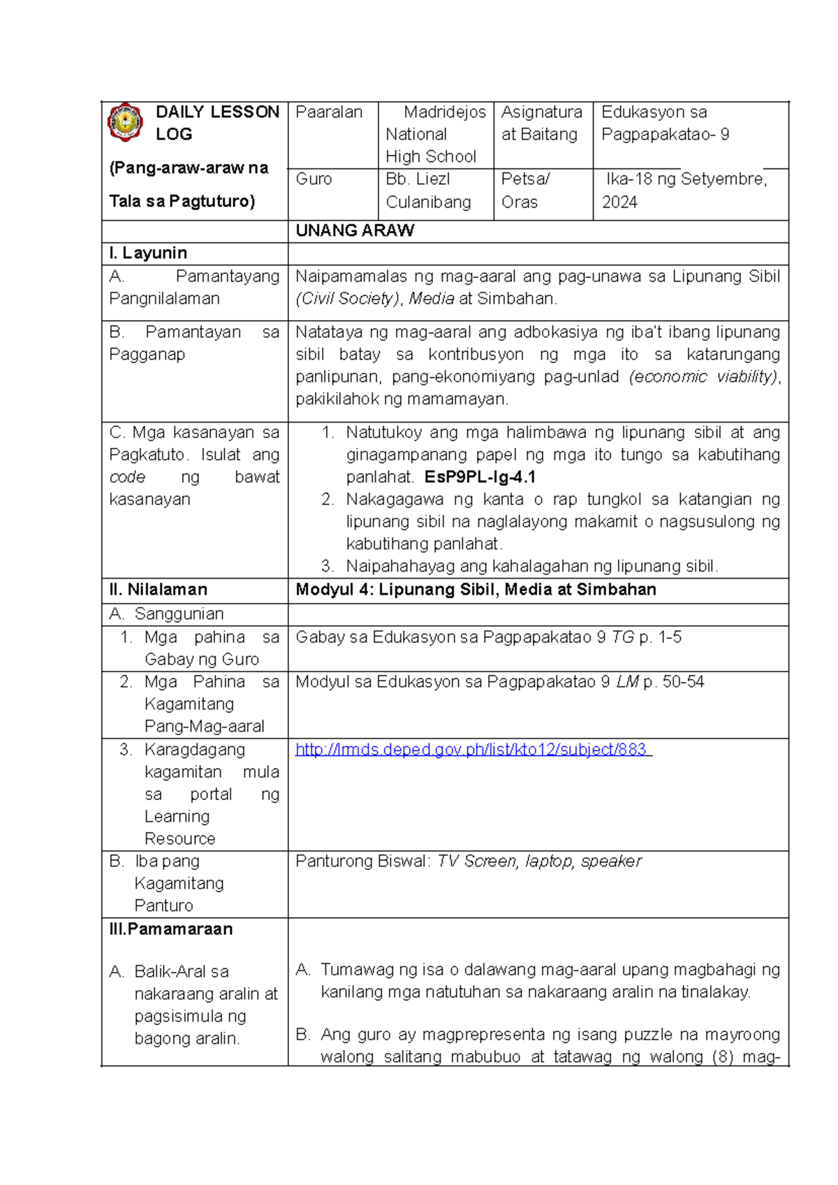 Lesson Plan For CO Final (Lipunang Sibil, Media at Simbahan) - DAILY ...
