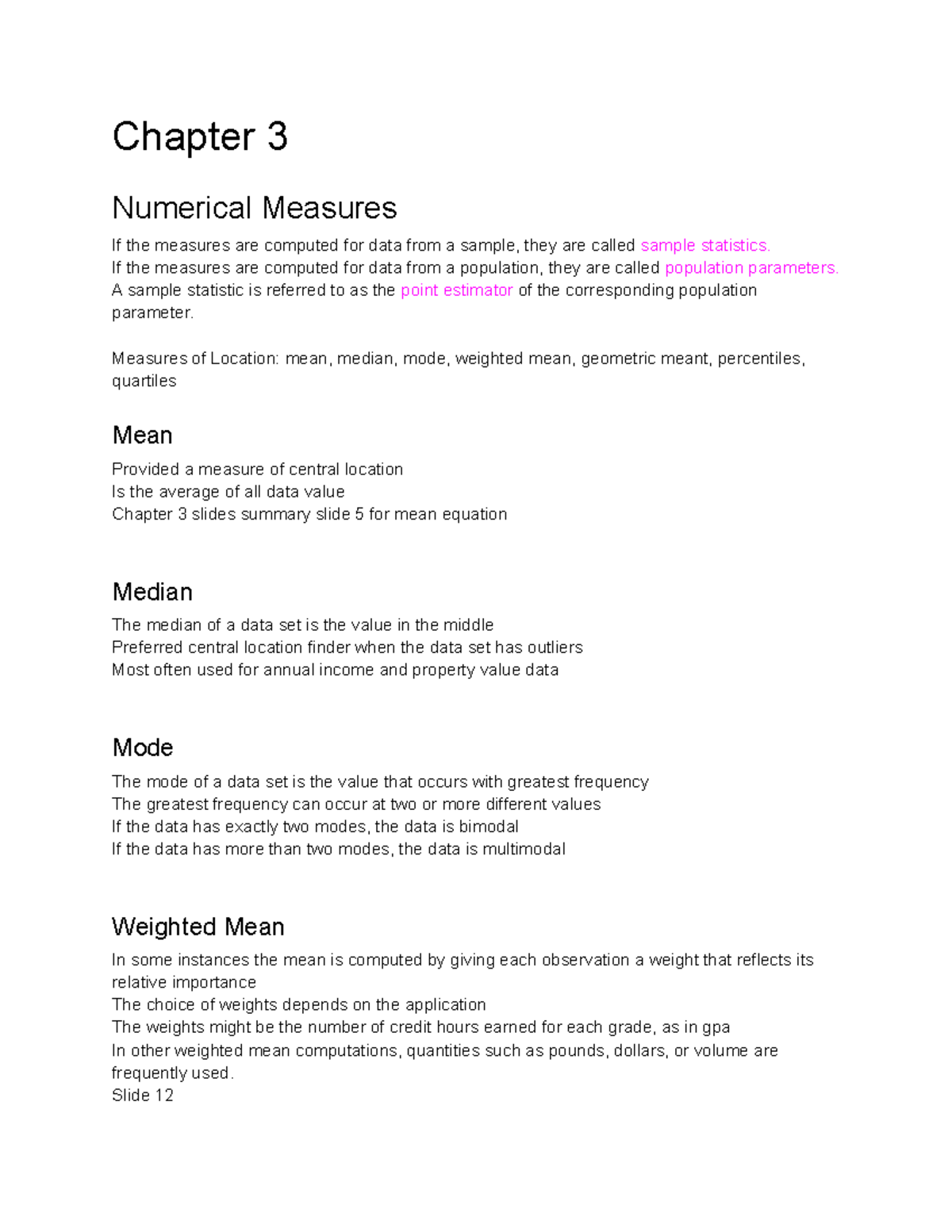 Chapter 3 - Chapter 3 Numerical Measures If the measures are computed ...