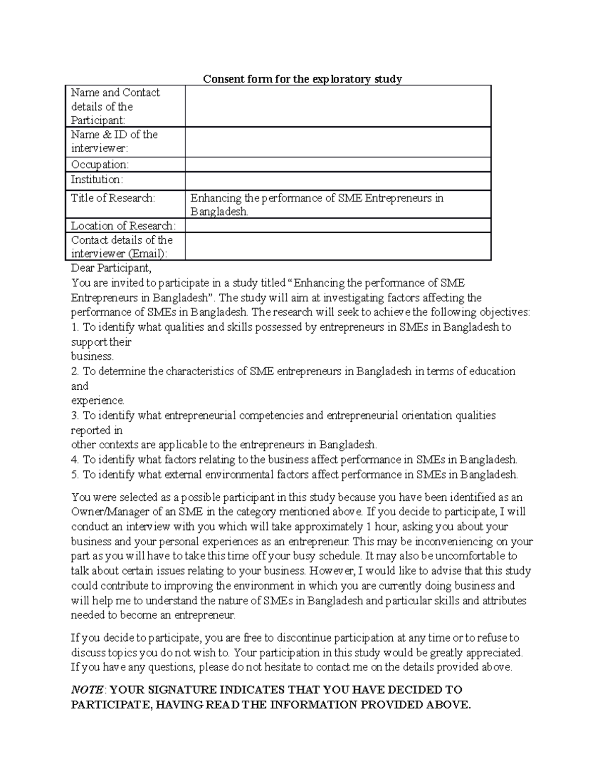 Questions for Entrepreneur's interview - Consent form for the ...