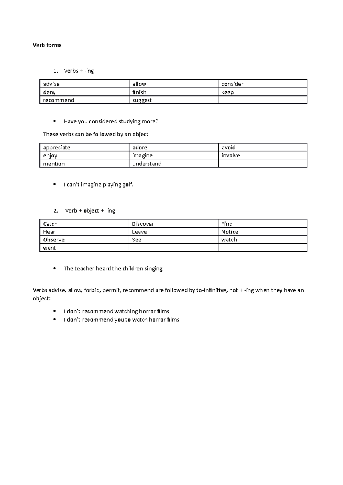 Verb forms - verbi - Verb forms Verbs + -ing advise allow consider deny ...