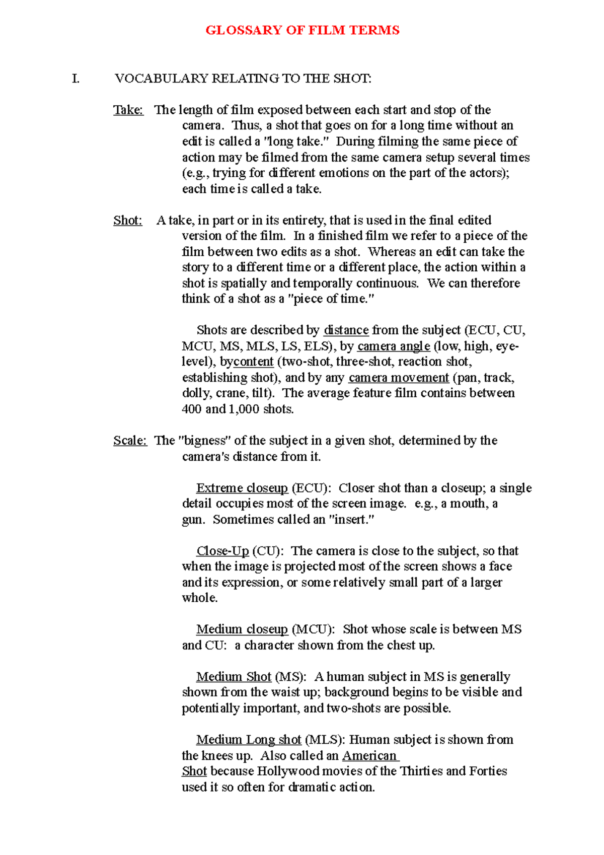 Vocabulary - Cinema - GLOSSARY OF FILM TERMS I. VOCABULARY RELATING TO ...