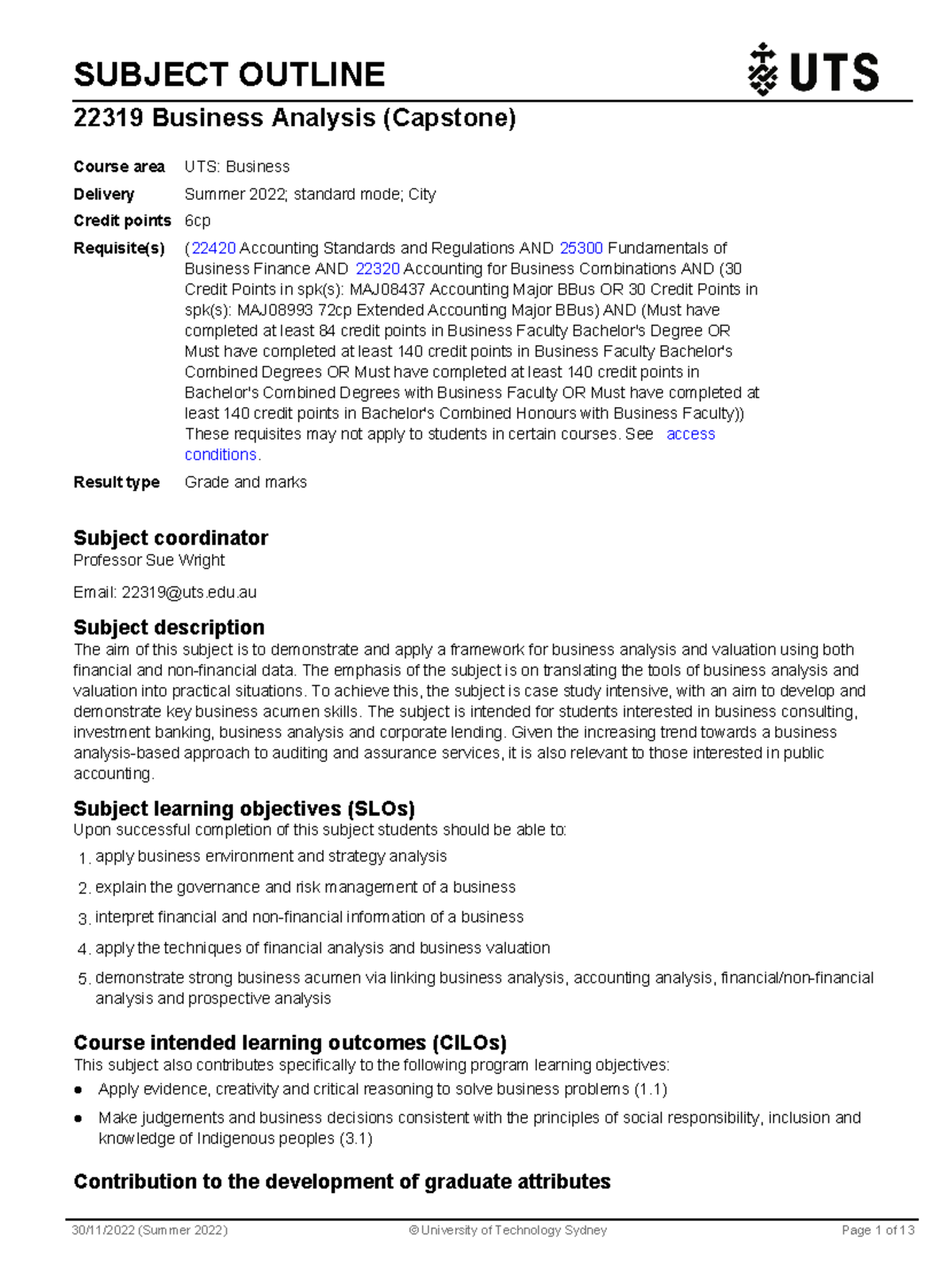 Business Analysis 22319 Subject Outline - SUBJECT OUTLINE 22319 ...