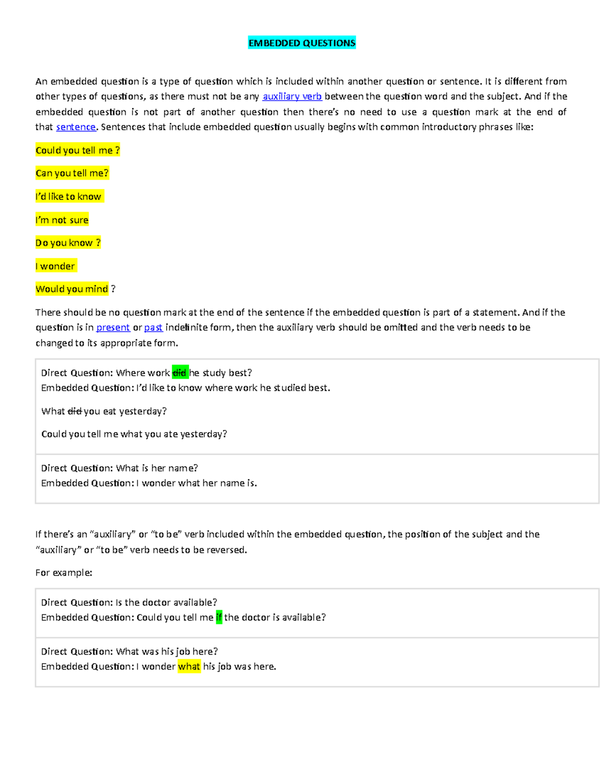 Embedded Questions - Agreements and Disagreements - EMBEDDED QUESTIONS ...