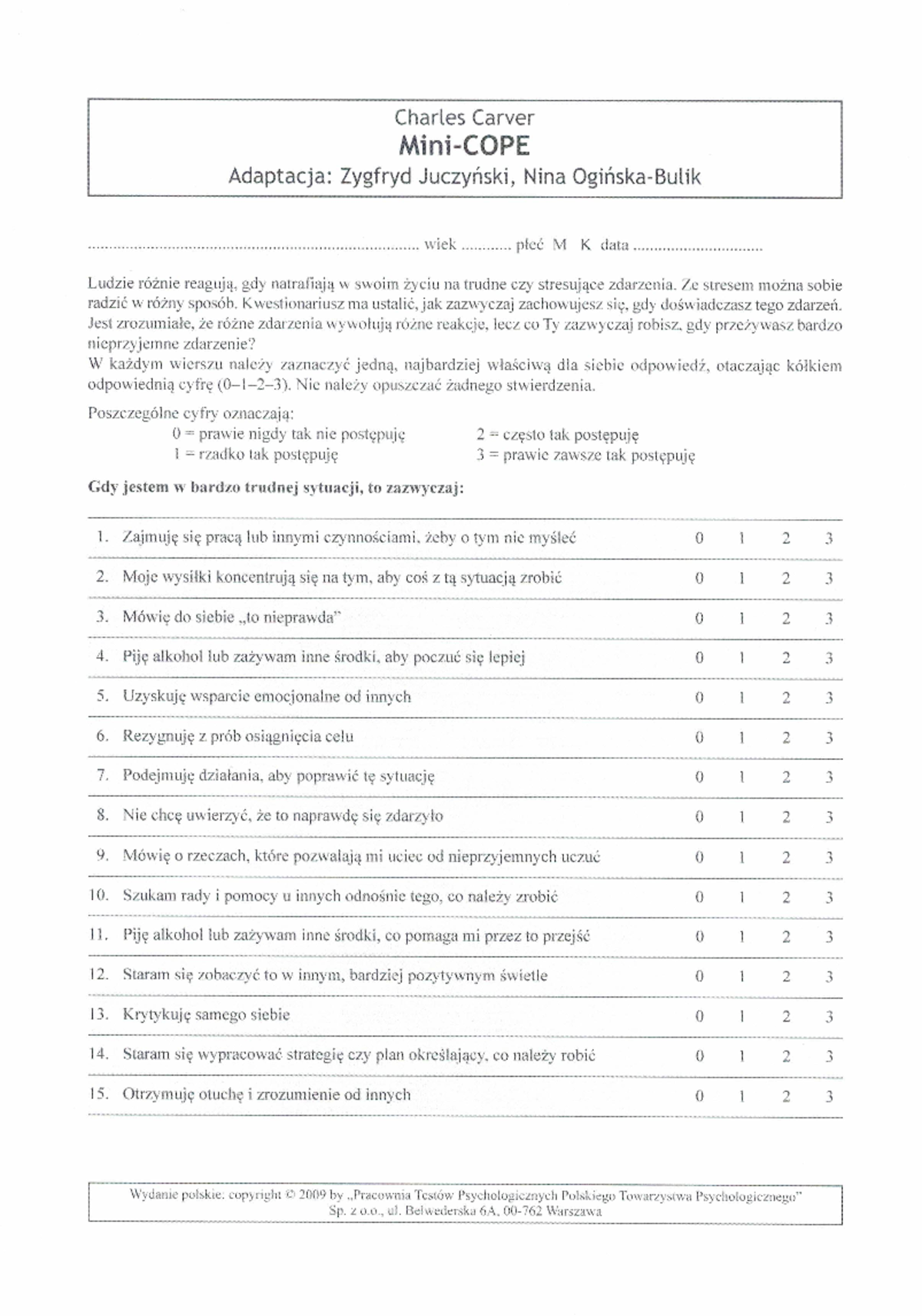 Mini cope arkusz - pomoc psychologiczna - Studocu