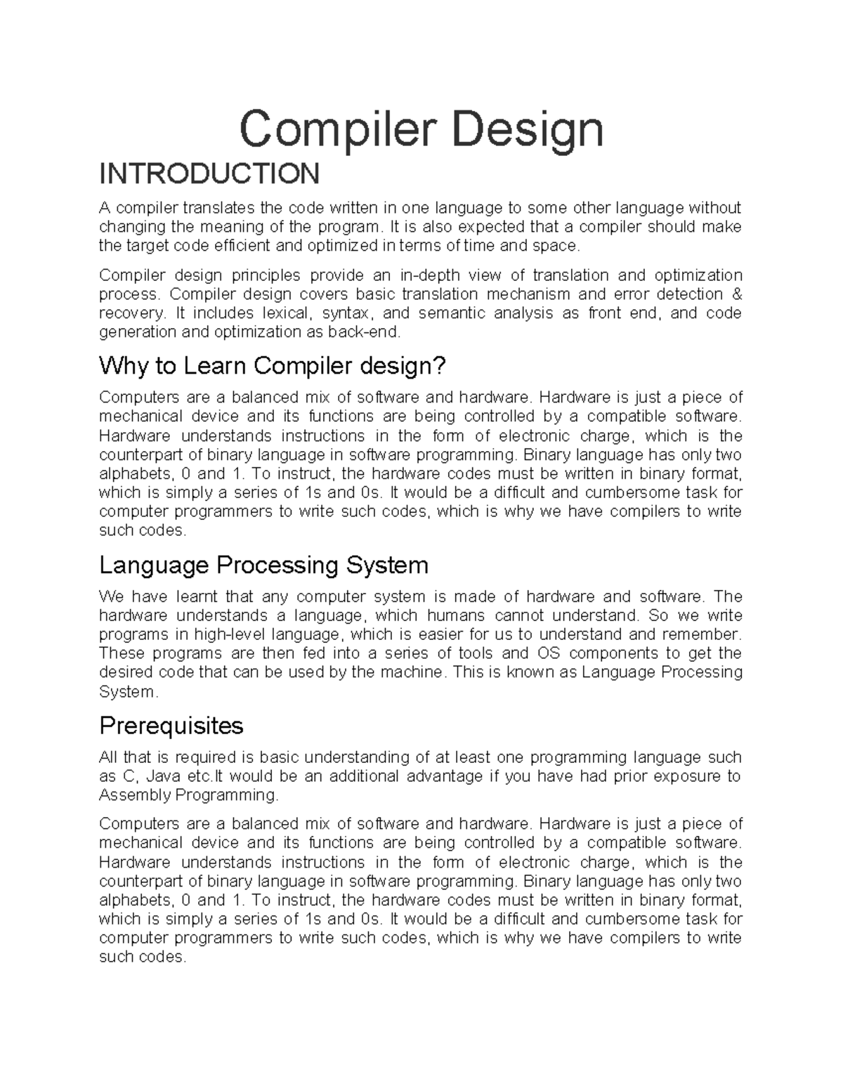 Compiler Design Notes - Compiler Design INTRODUCTION A compiler ...