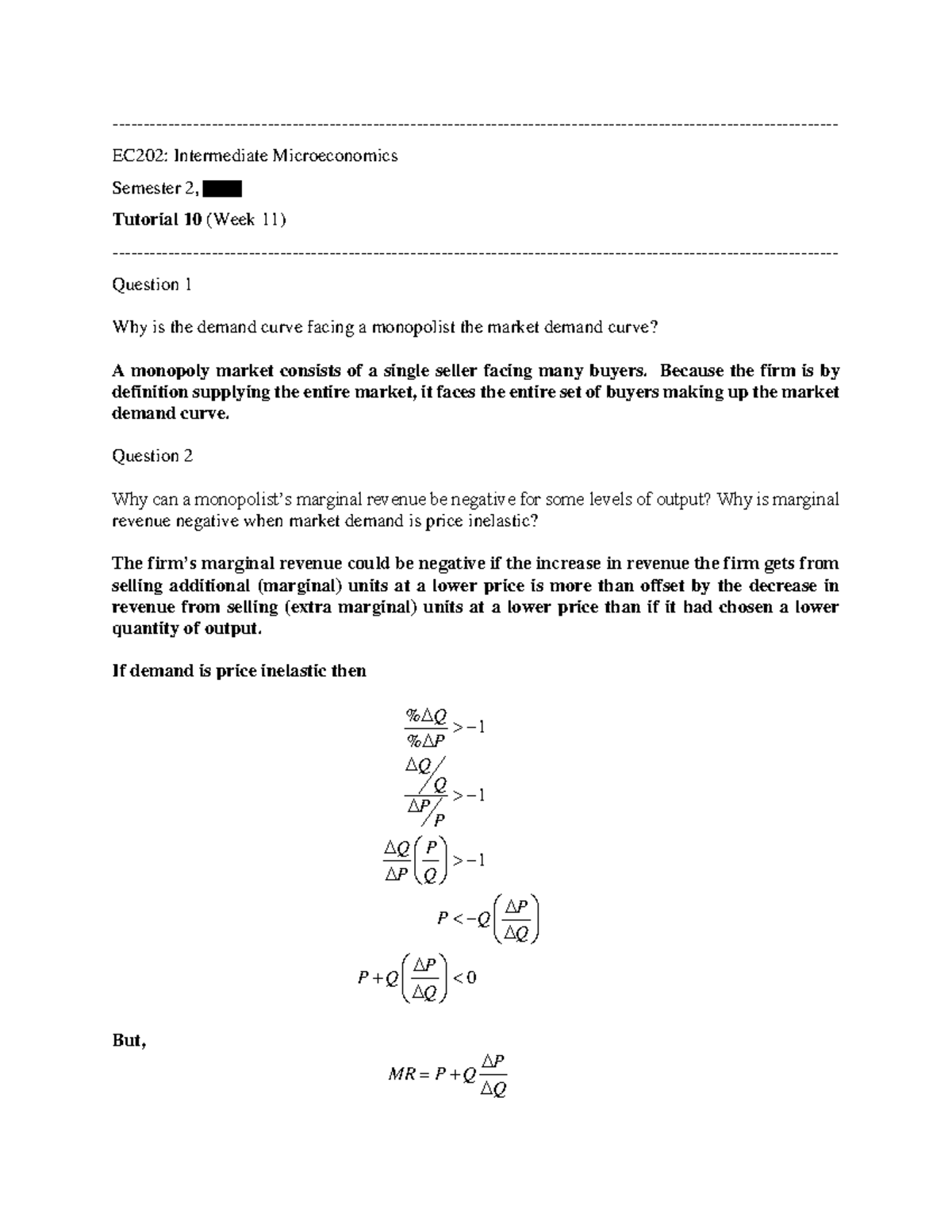 Tutorial 10 Solutions - EC202: Intermediate Microeconomics Semester 2 ...