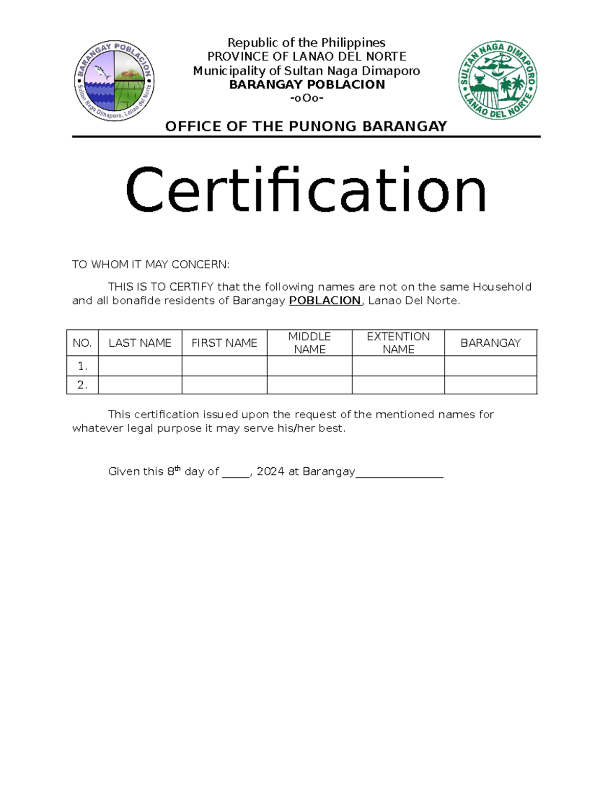 Certification OF NOT SAME Household - Republic of the Philippines ...