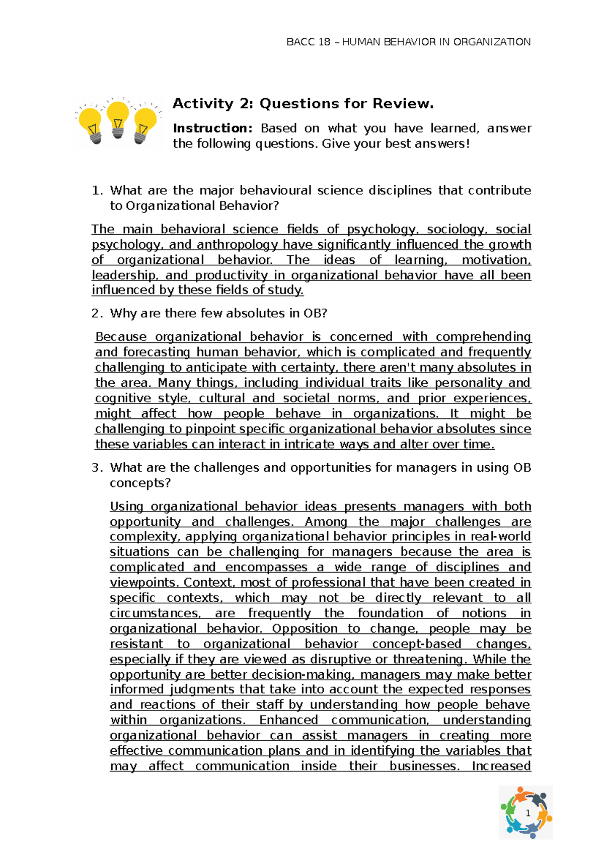 HBO Part 1- Activity 2 - BACC 18 – HUMAN BEHAVIOR IN ORGANIZATION ...