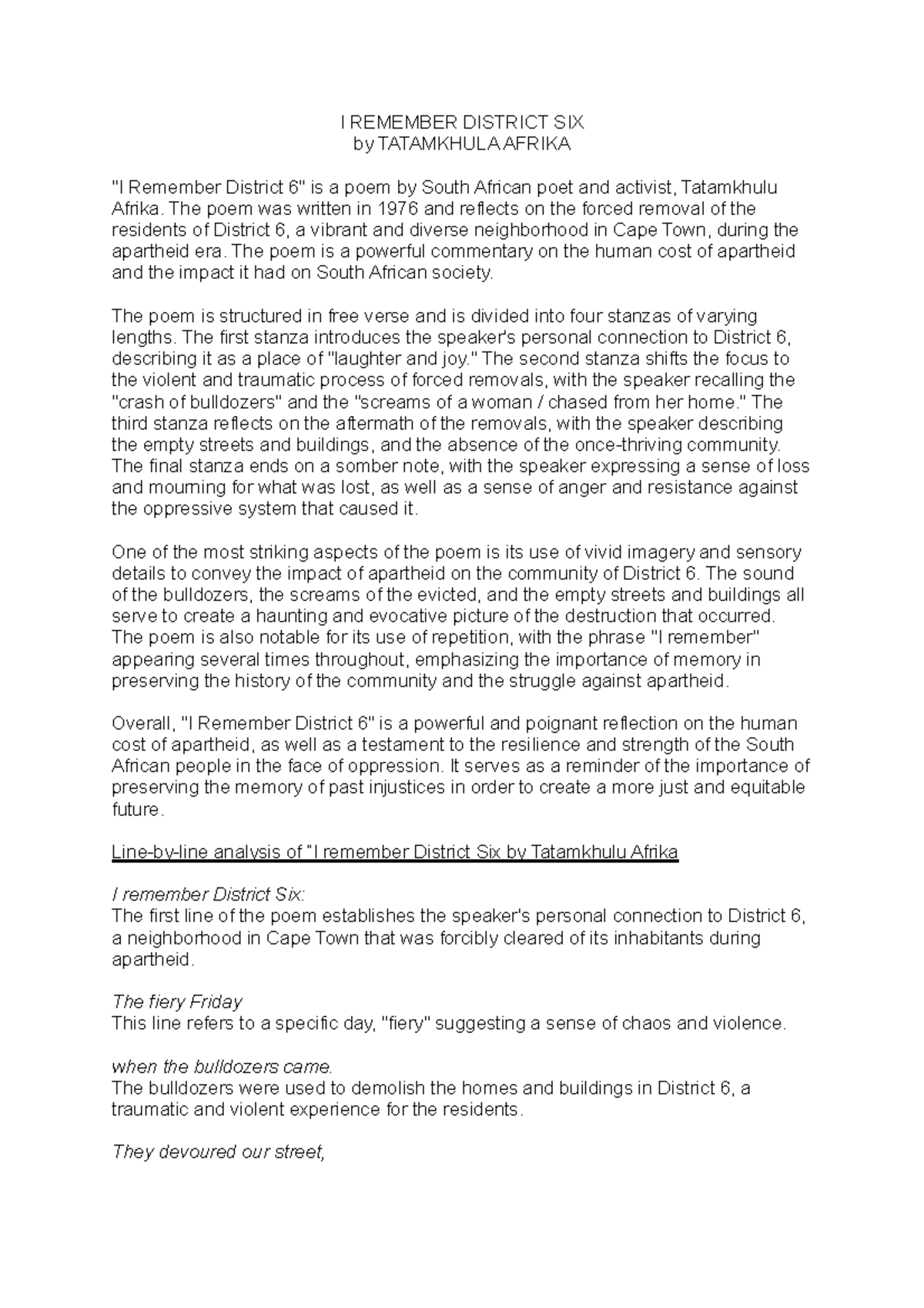 I Remember District SIX - Notes AND Analysis - I REMEMBER DISTRICT SIX ...