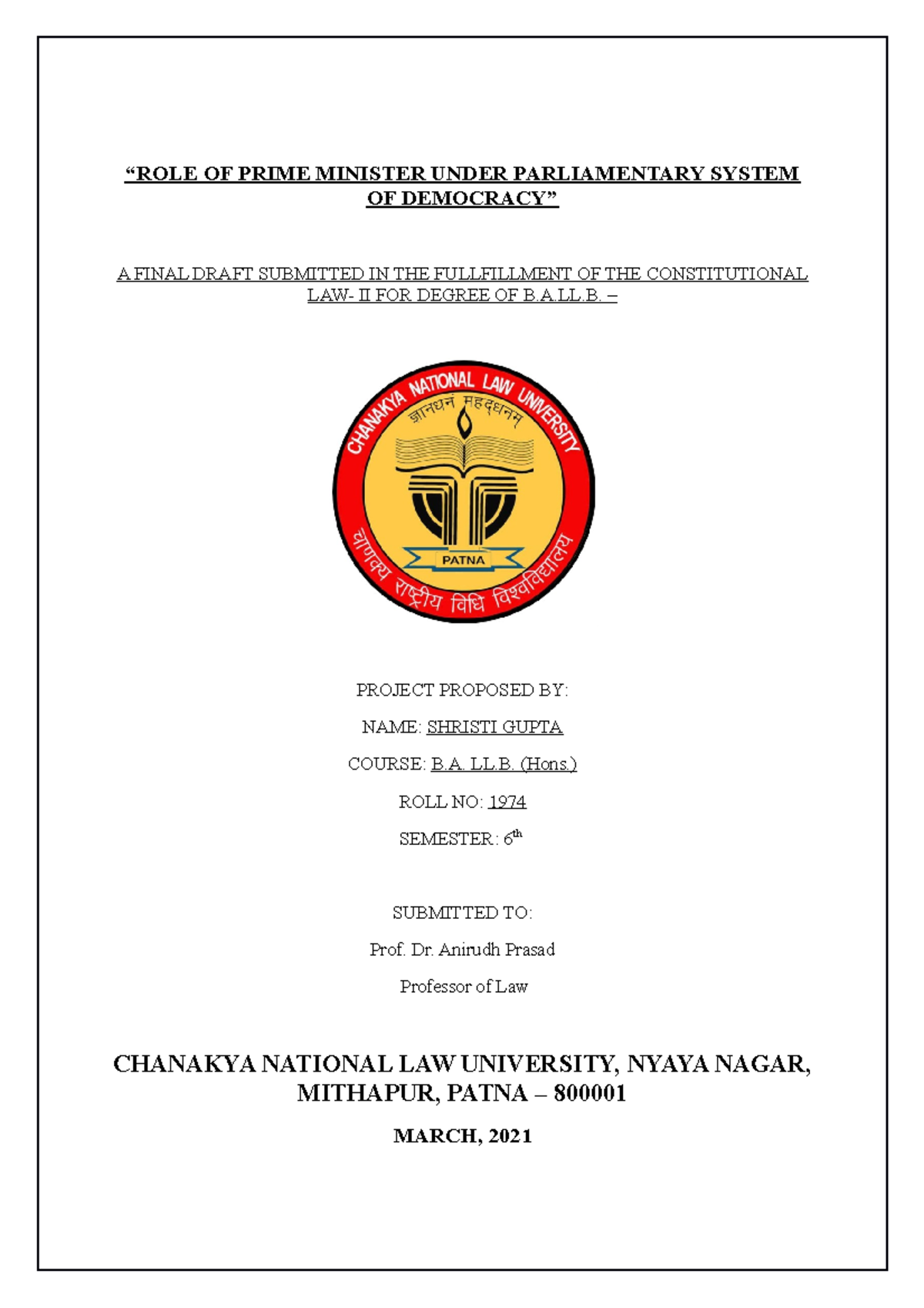 Constitutional LAW II Final Draft BY Shristi Gupta (1974) - “ROLE OF ...
