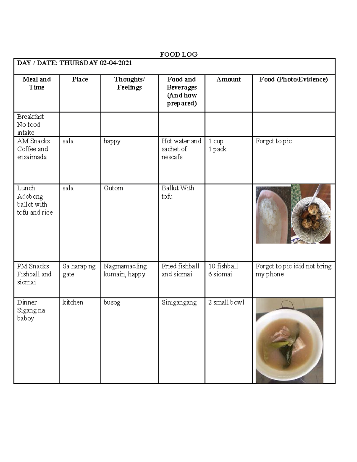 FOOD-LOG - srgsrgsr - FOOD LOG DAY / DATE: THURSDAY 02-04- Meal and ...