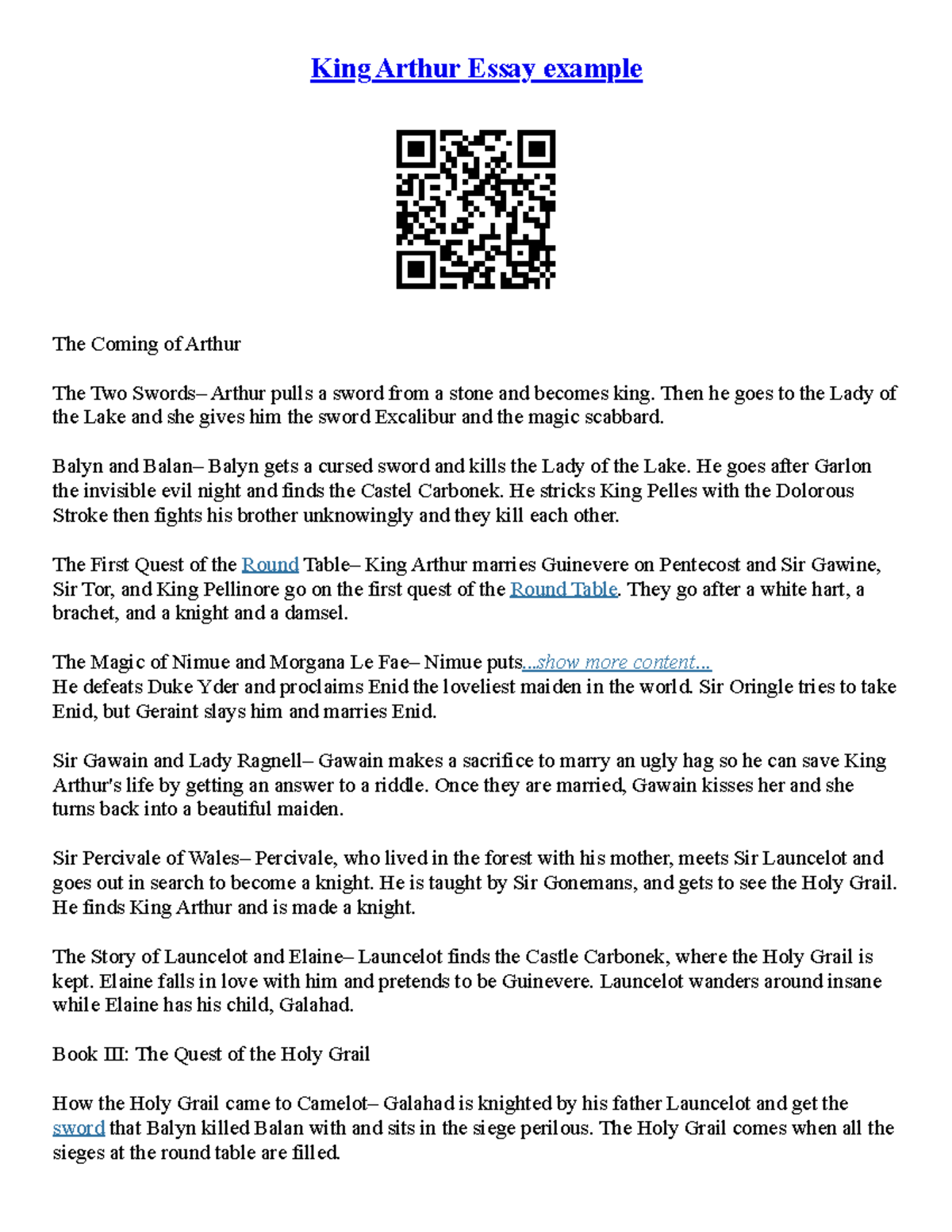 King Arthur Essays - Then he goes to the Lady of the Lake and she gives ...