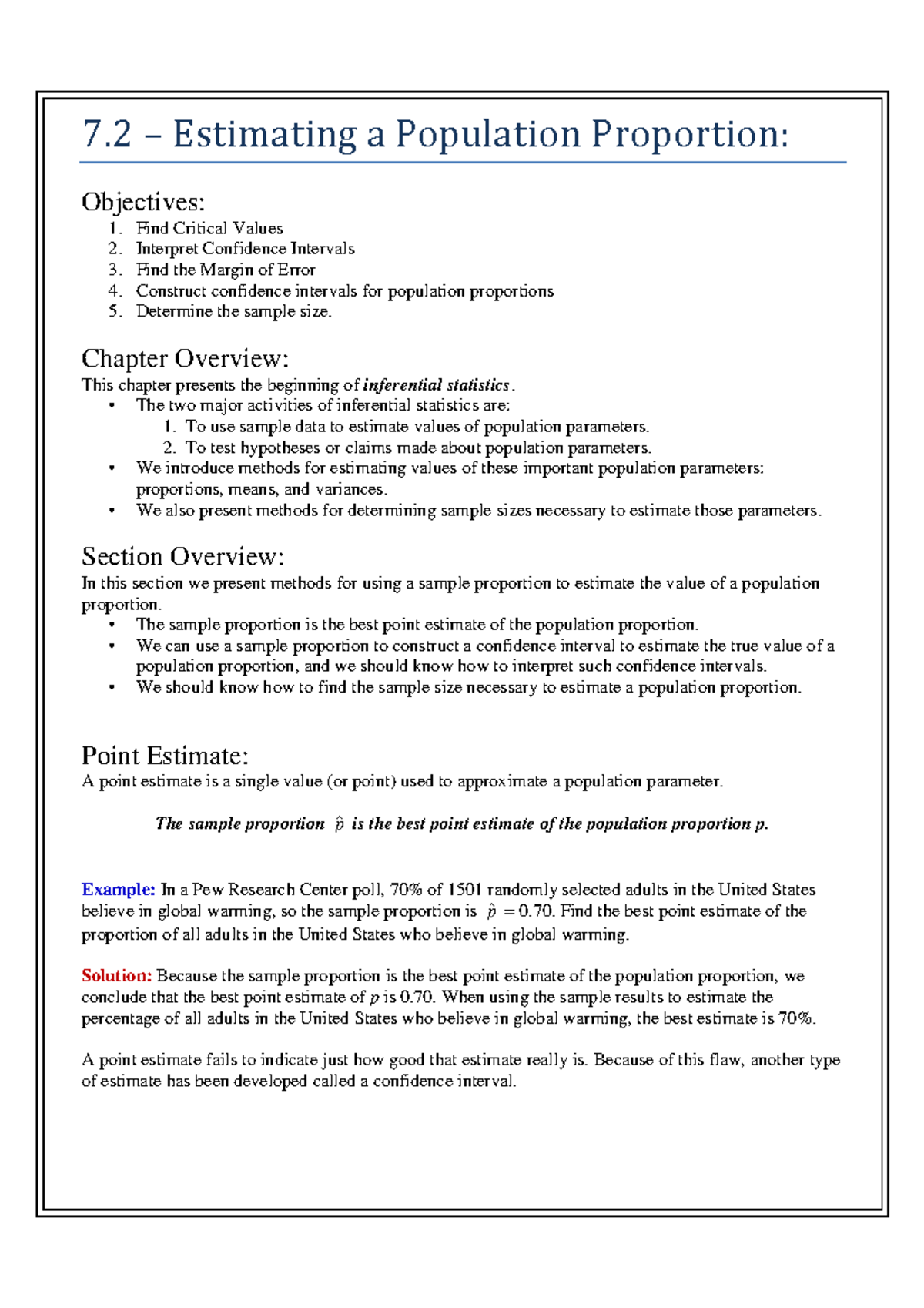 Supporting Materials-Week-7 Ch-7 Stat-101 - 7 3 Estimating a Population Proportion: Objectives ...