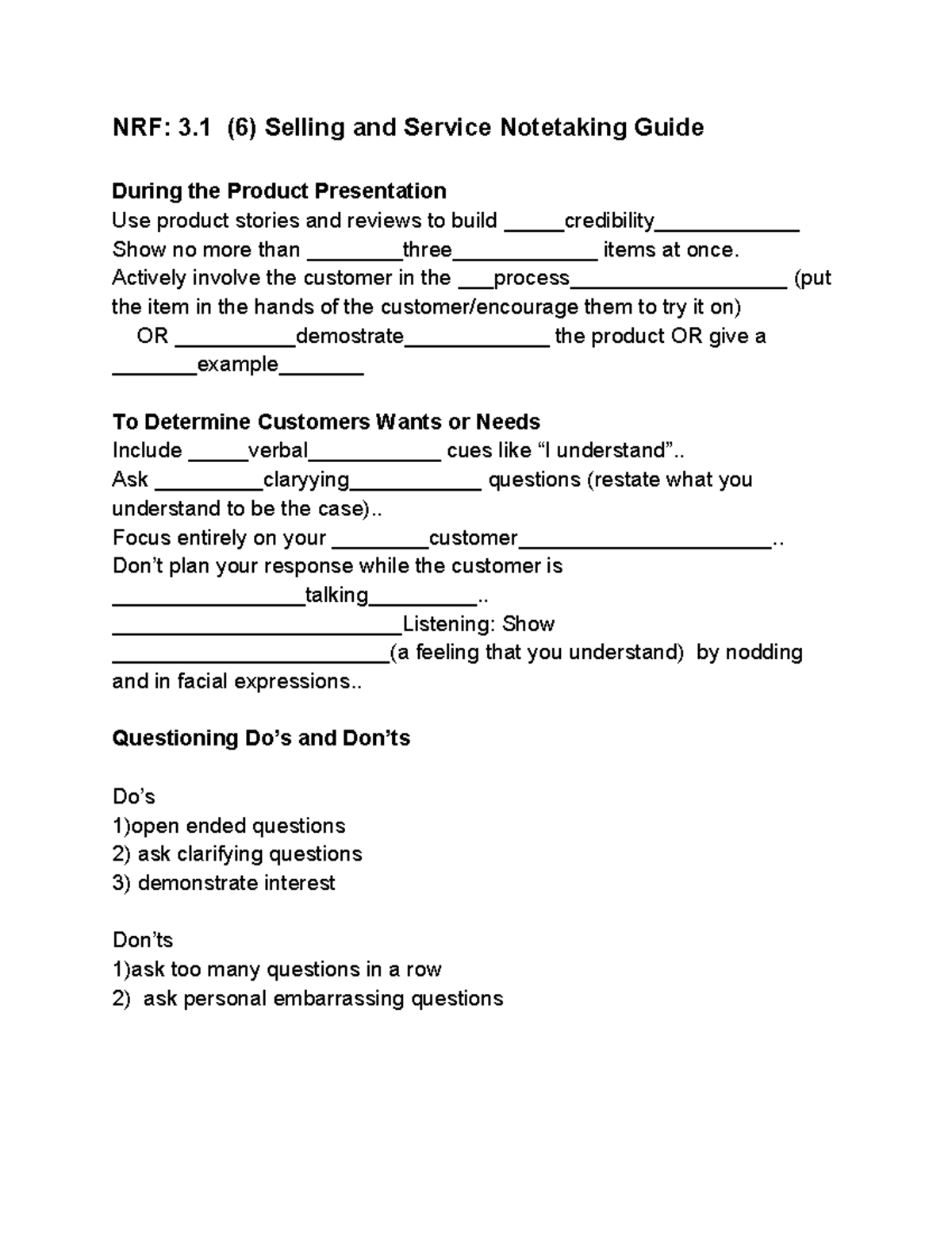Copy of NRF 3.1 Selling and Service Notetaking Guide - NRF: 3 (6 ...