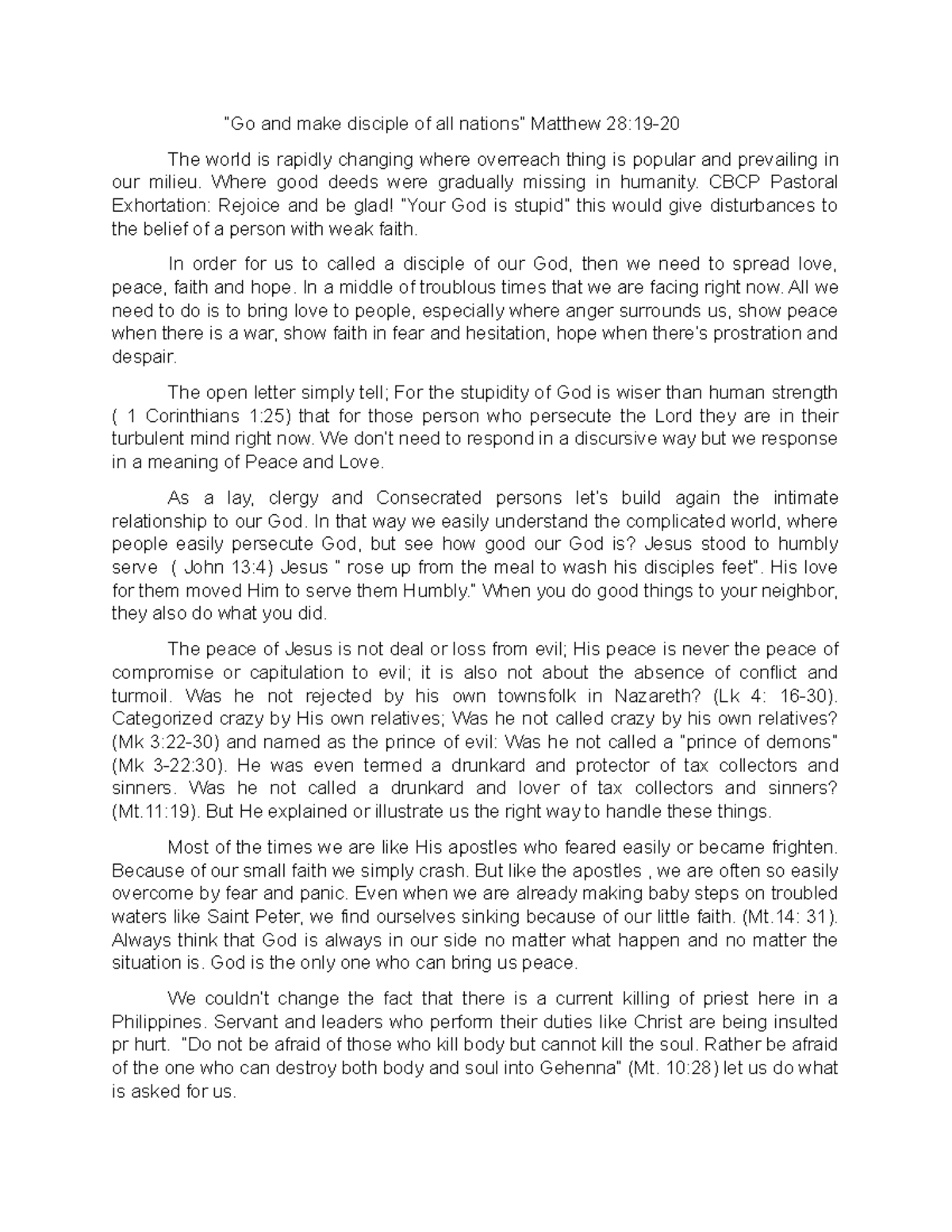 CBCP A letter for peace Romulo Valles - “Go and make disciple of all ...