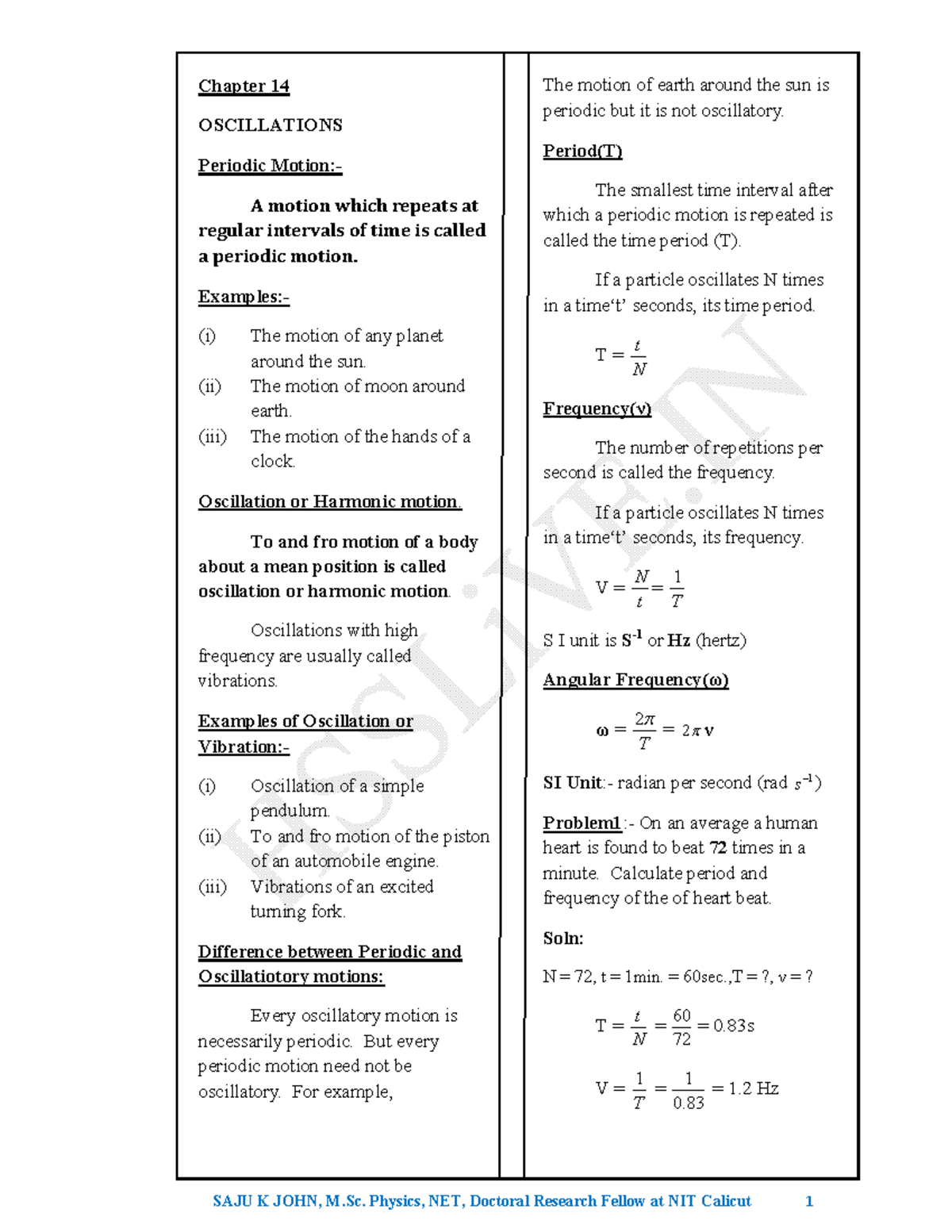Oscillations Study Notes - Chapter 14 OSCILLATIONS Periodic Motion:- A ...