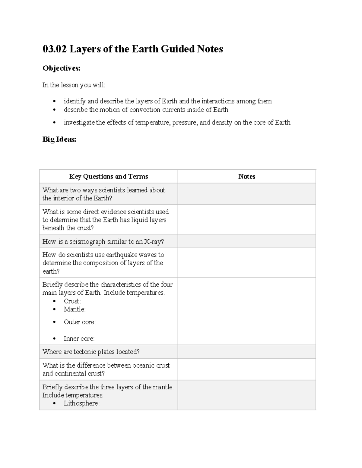 03 02 notes - 03 Layers of the Earth Guided Notes Objectives: In the ...