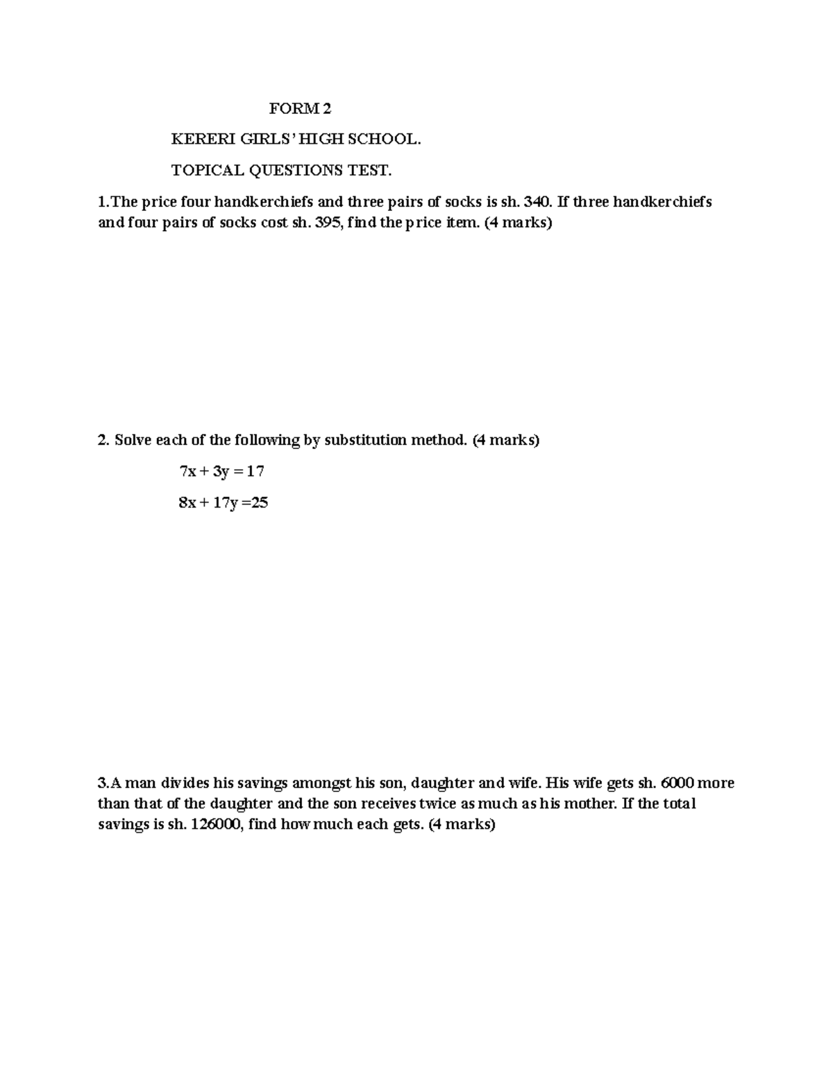 Math 2 - short notes - FORM 2 KERERI GIRLS’ HIGH SCHOOL. TOPICAL ...