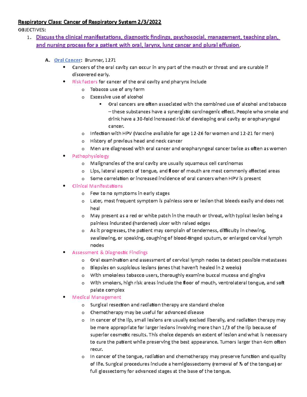 Cancer of Respiratory System - Objectives - Respiratory Class: Cancer ...