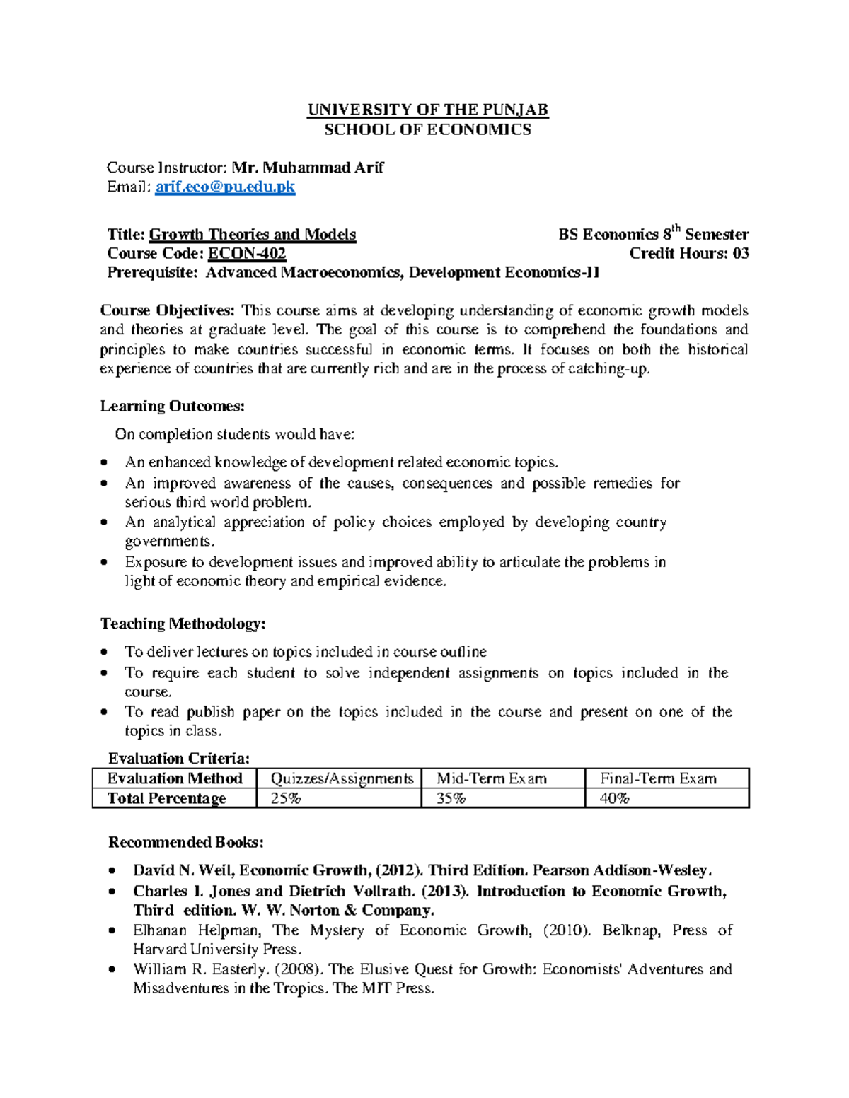 ECON-402 Growth Theories and Models - Course Outline - UNIVERSITY OF ...