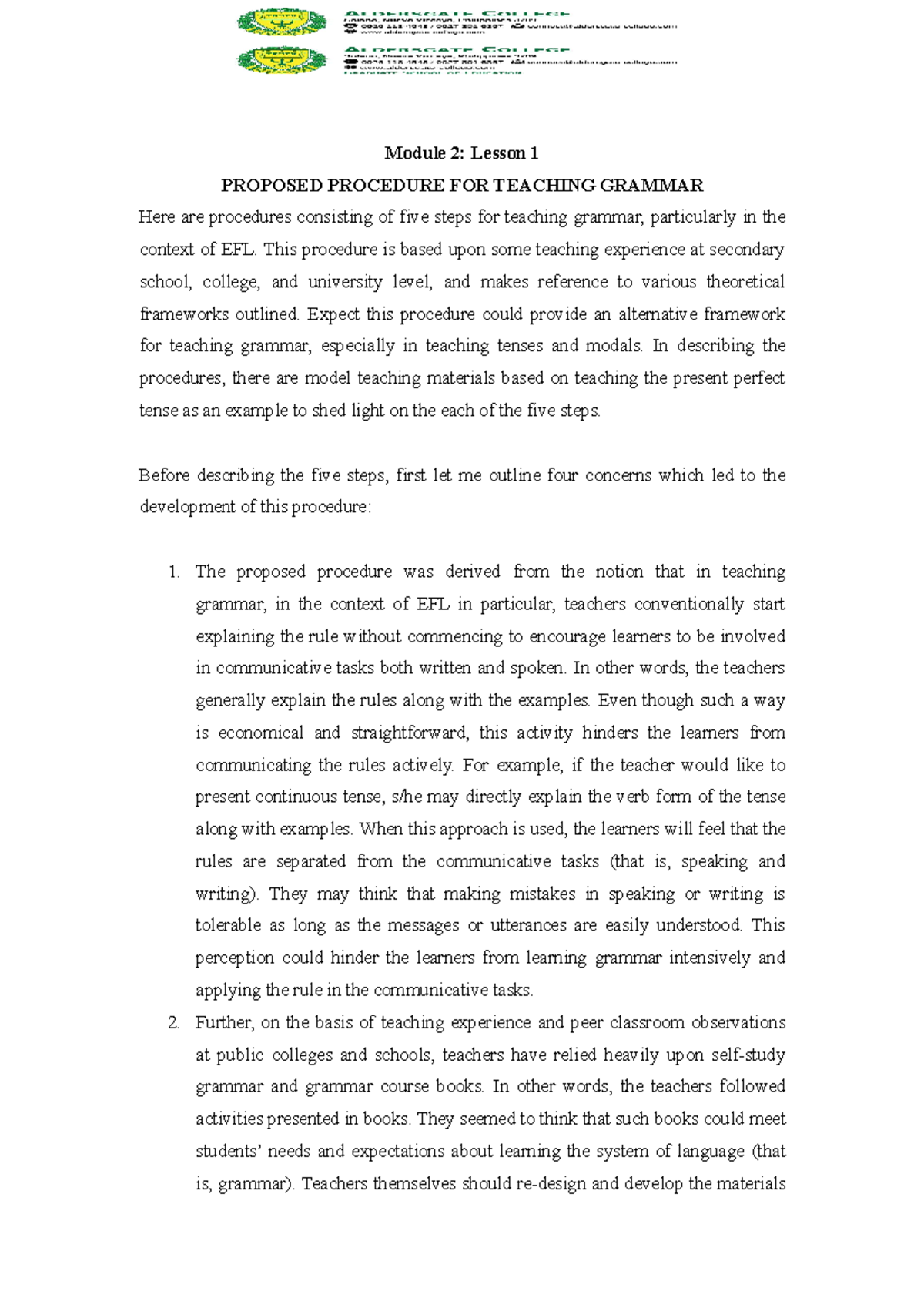 Module 2 Proposed Procedure in Teaching Grammar - Module 2: Lesson 1 ...