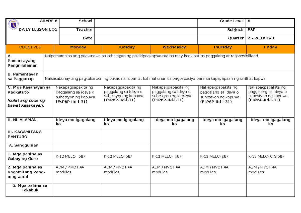 WEEK6 8 dll ESP 1 - GRADE 6 DAILY LESSON LOG School Grade Level 6 ...