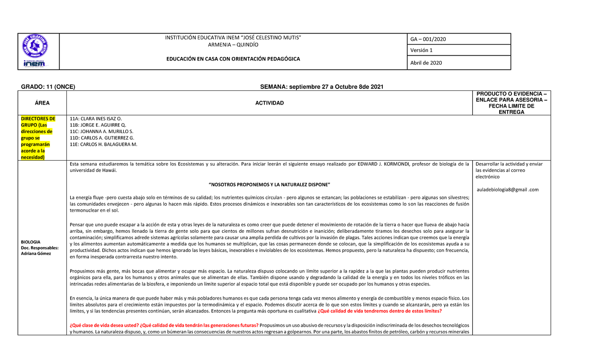 Grado 11 Sept 27 a octubre 8 planeacion de actividades educacion en ...
