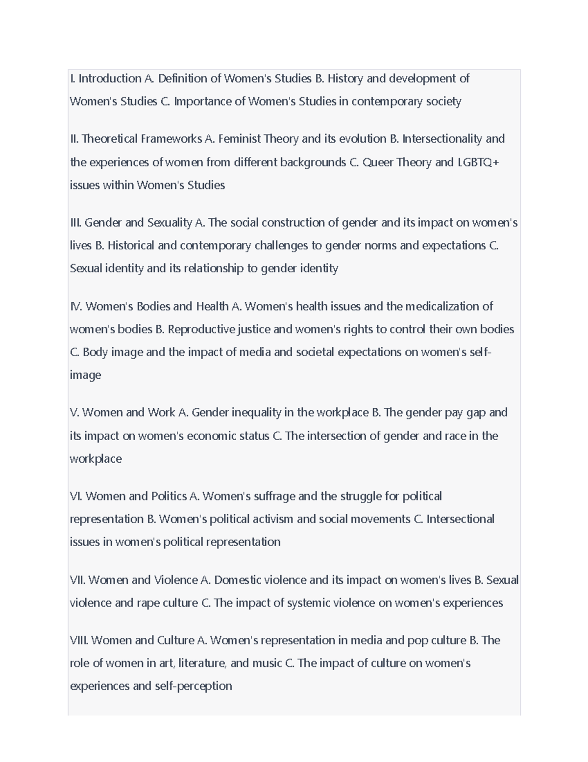 Womens Studies Notes - I. Introduction A. Definition of Women's Studies ...