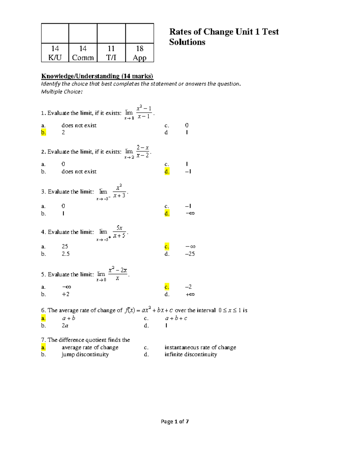 Unit 1 Solutions - unit exam - Knowledge/Understanding (14 marks) Identify the choice that best ...