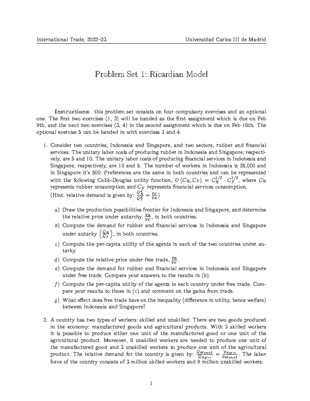 Problem Set 1 en inglés - International Trade, 2022–23 Universidad Carlos III de Madrid Problem ...