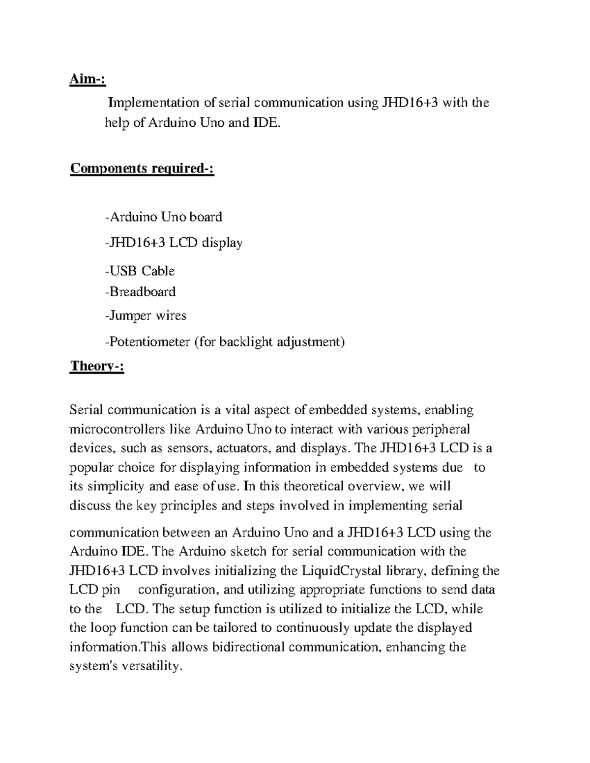 Experiment 4 Updated - Aim-: Implementation of serial communication using JHD16+3 with the help ...