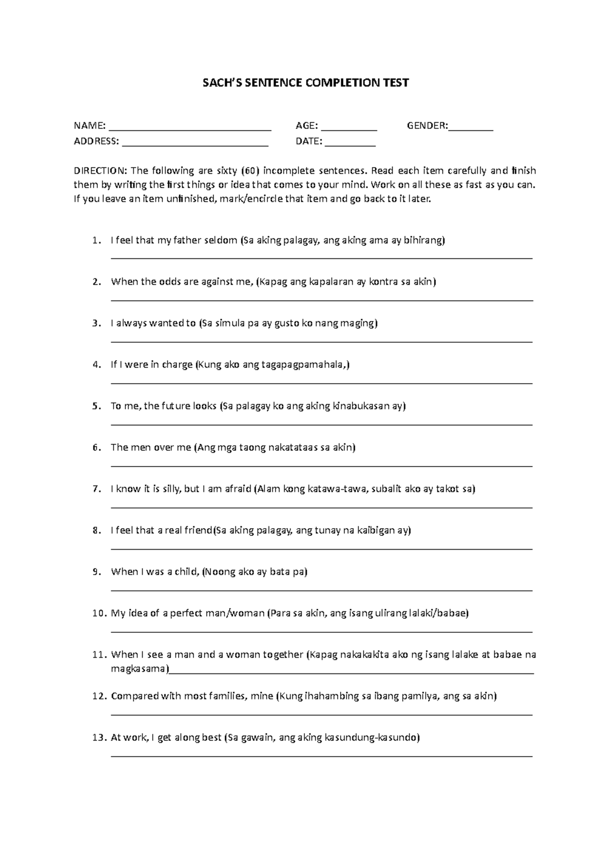 Sentence- Completion-TEST - SACH’S SENTENCE COMPLETION TEST NAME