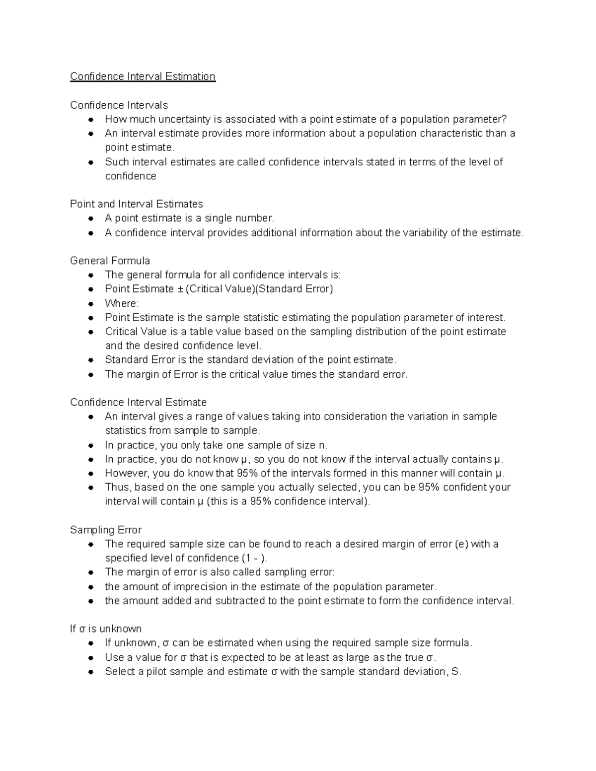 STAT 206 Chapter 8(1) - Google Docs - Confidence Interval Estimation Confidence Intervals How ...