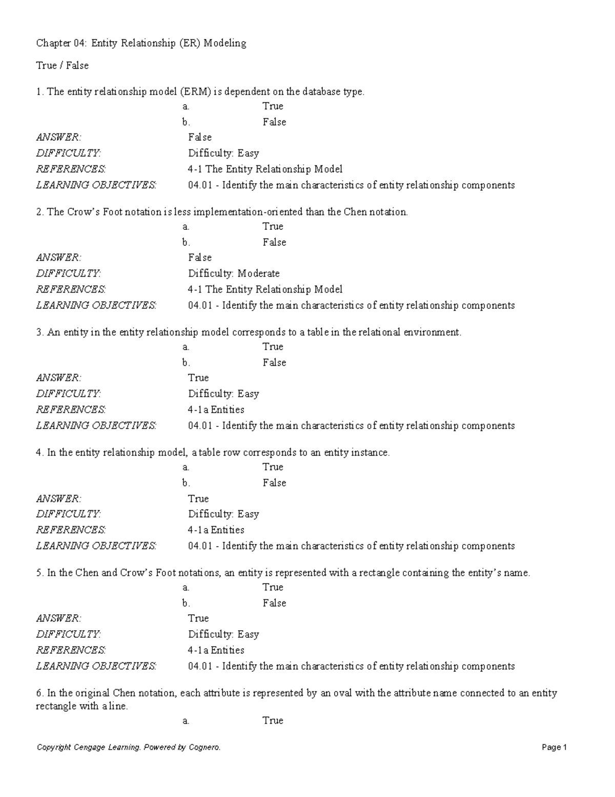 Chapter 04 Entity Relationship ER Modeling - True / False 1. The entity relationship model (ERM ...