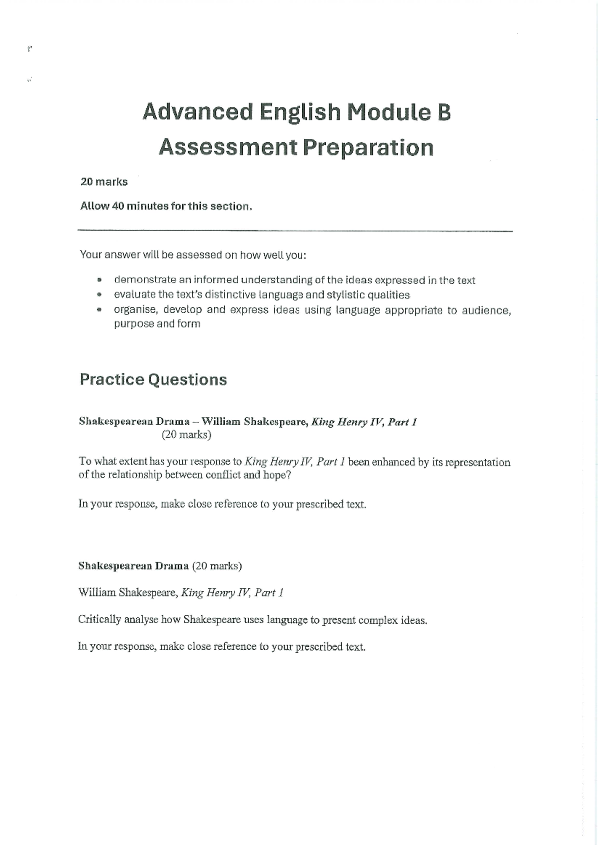 Mod B Practice Questions and summary notes-1 - Advanced English Module ...