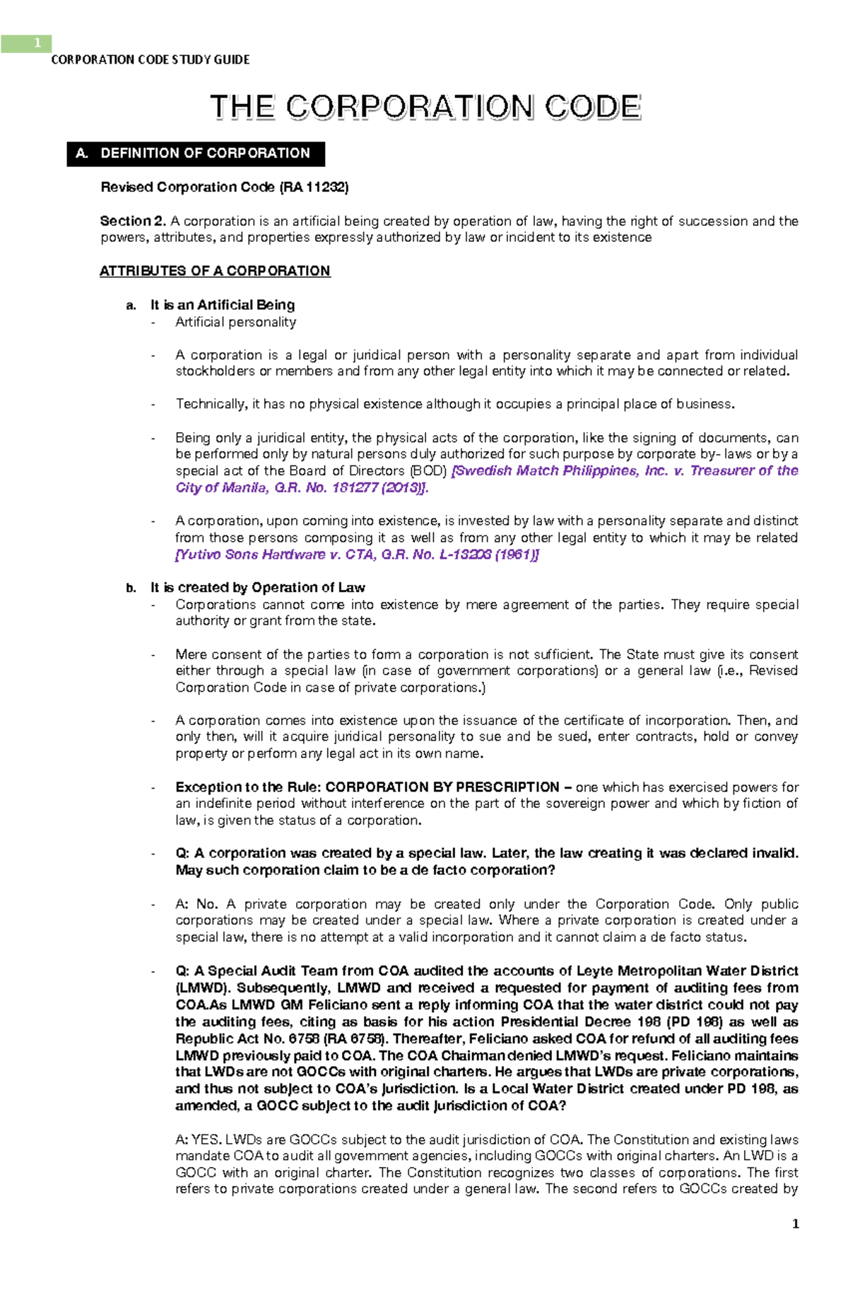 Corporation Code Study Guide for Pre Finals BSA II - CORPORATION CODE ...