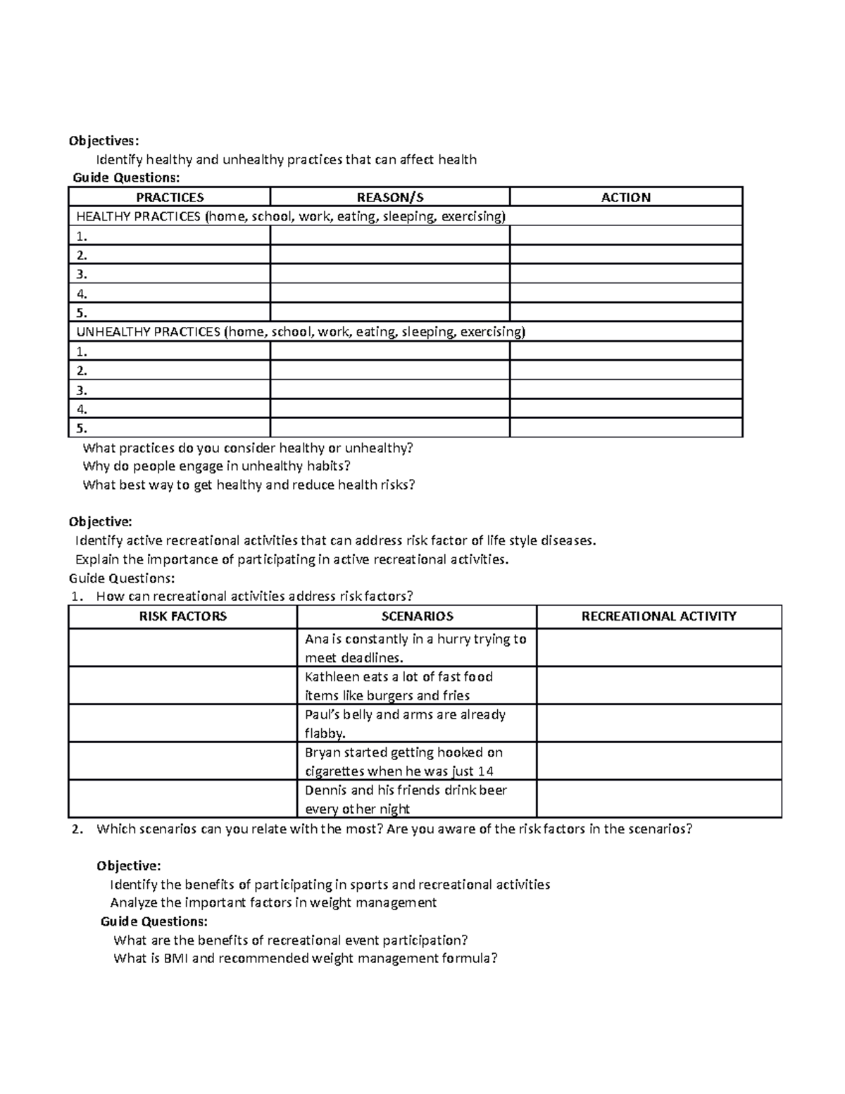 PE 10 Activities for written output - Objectives: Identify healthy and ...