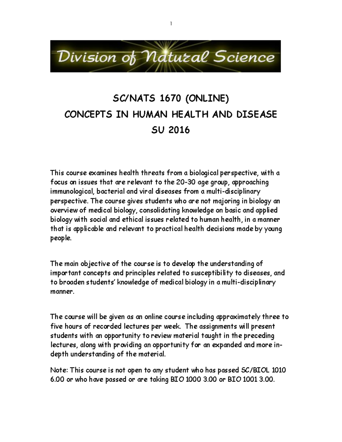 Nats 1670 syllabus - SC/NATS 1670 (ONLINE) CONCEPTS IN HUMAN HEALTH AND ...