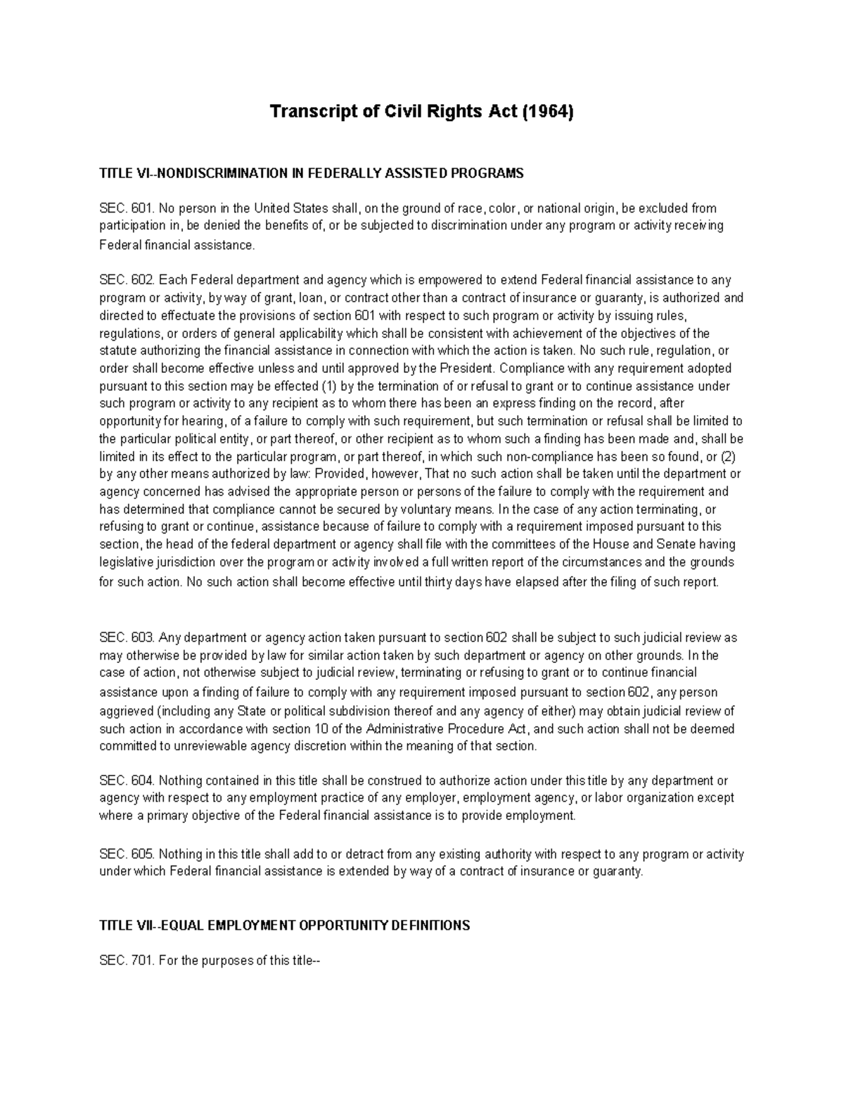 Civil Rights Act 1964 (excerpt) - Transcript of Civil Rights Act (1964 ...