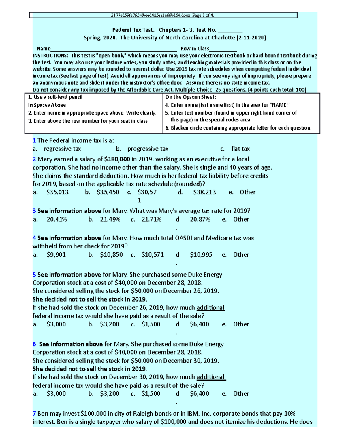 Chap-1-3-SPRING-2020-POST exam - Federal Tax Test. Chapters 1- 3. Test ...