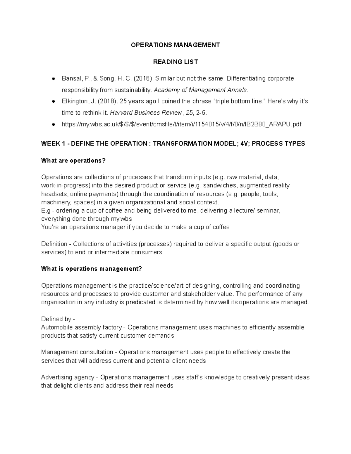 Operations Management - OPERATIONS MANAGEMENT READING LIST Bansal, P ...