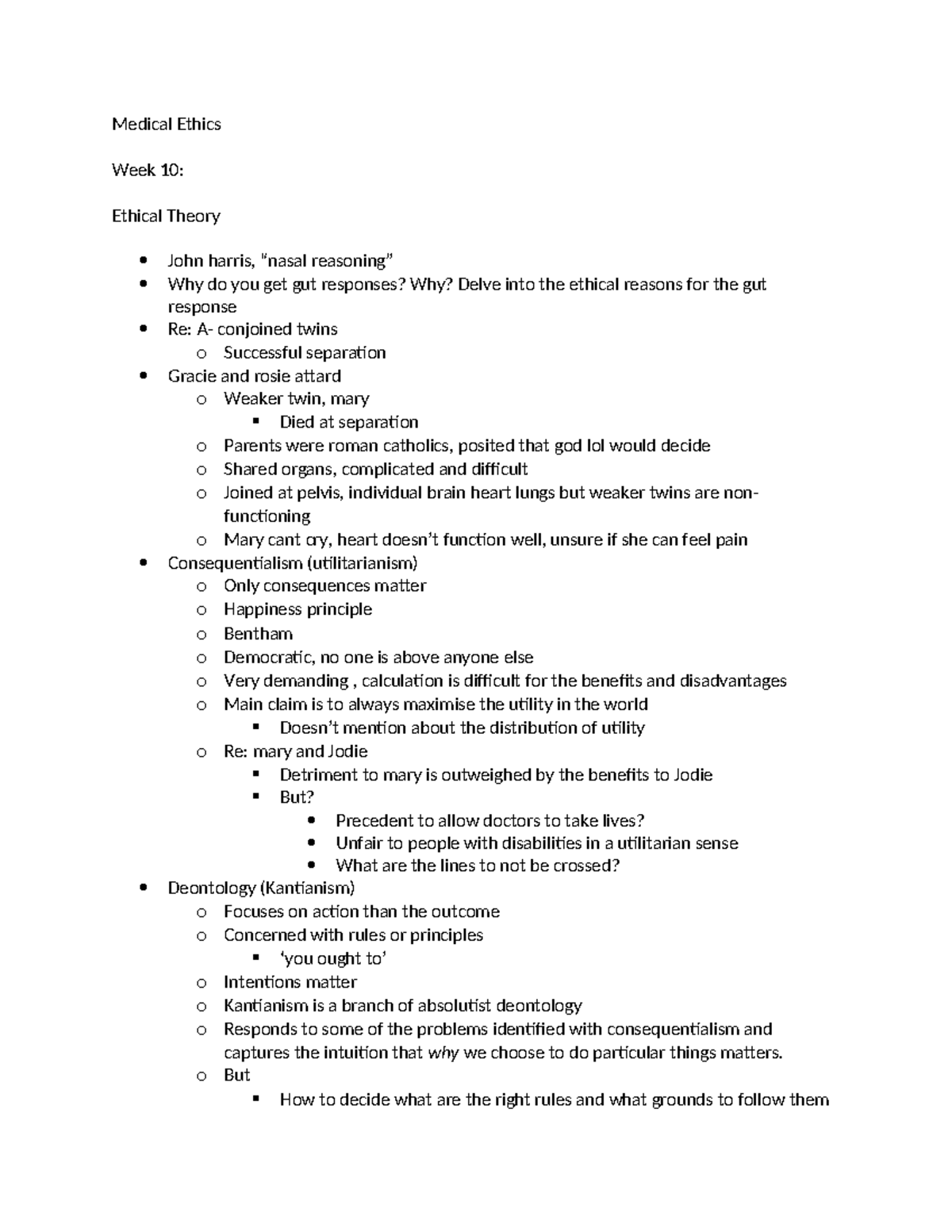 Medical Ethics lecture notes - Medical Ethics Week 10: Ethical Theory ...