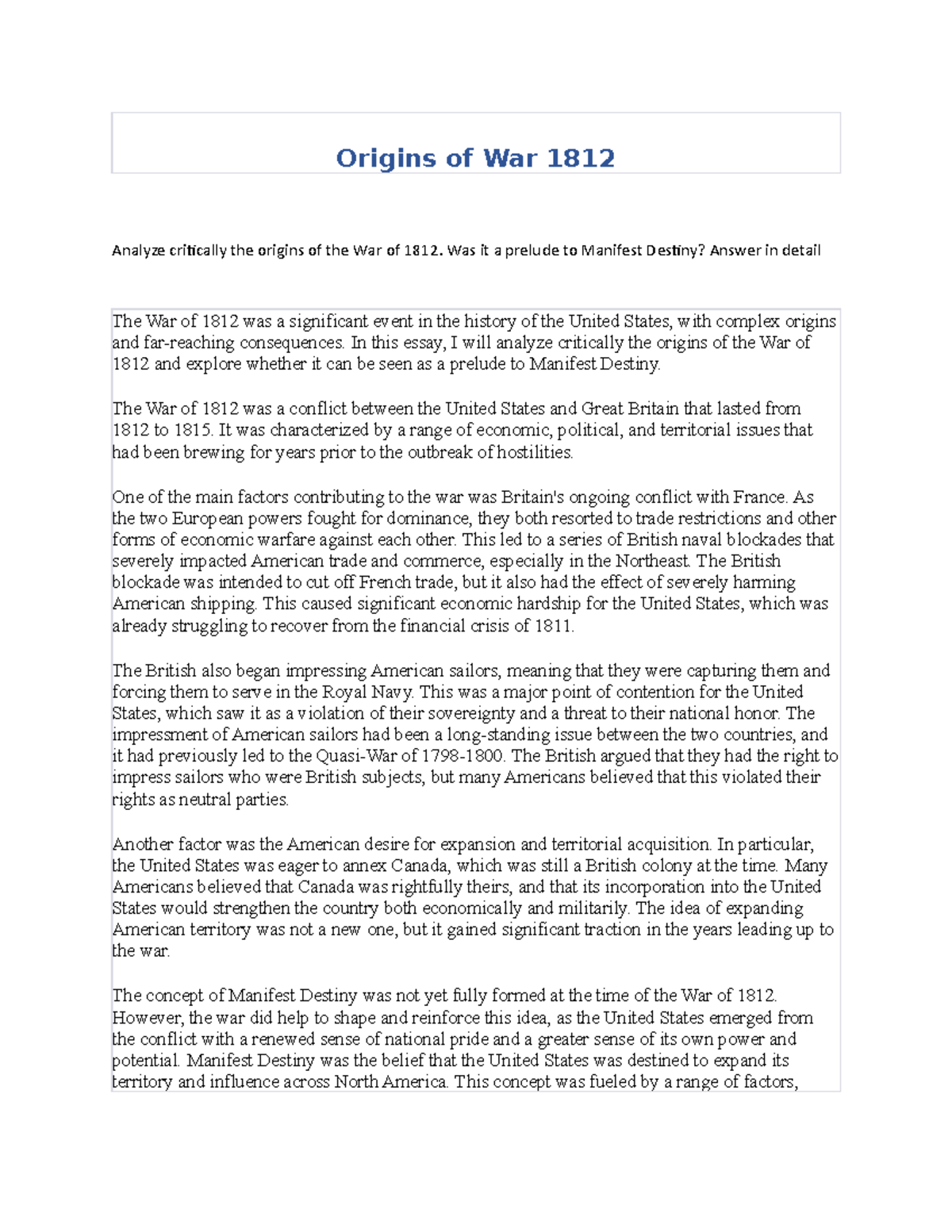 Origins of 1812 war - Question answer - Origins of War 1812 Analyze ...