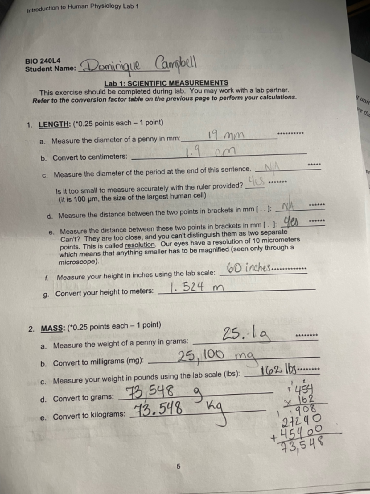 Lab 1 - Conversions- measurement of length and weight - BIO240 - Studocu