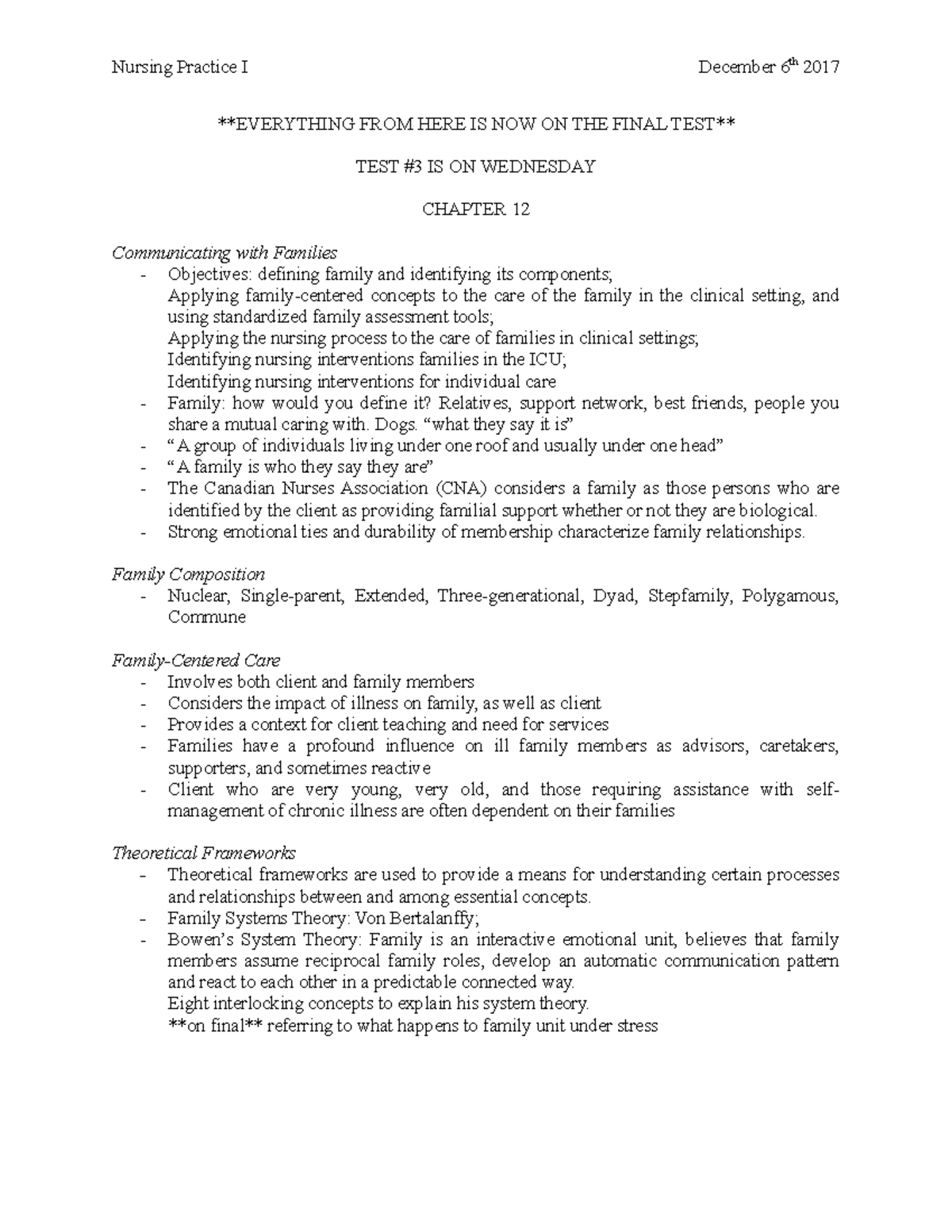 Nursing Practice Final notes - Nursing Practice I December 6th 2017 ...